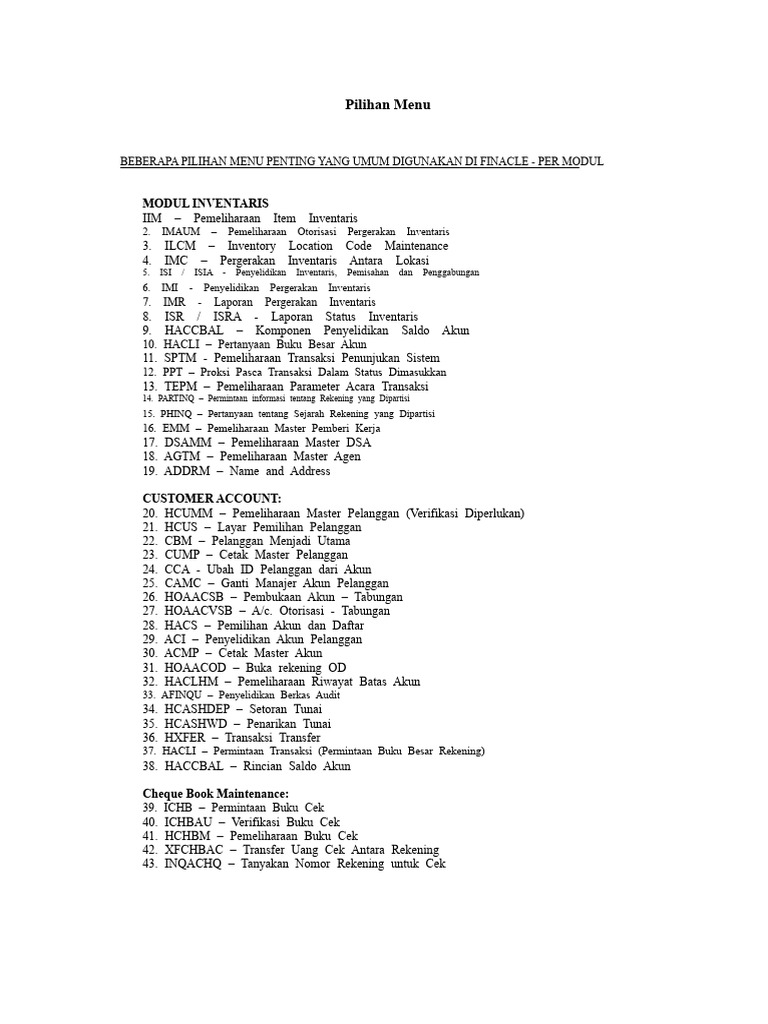 Menu Utama Finacle per Modul | PDF