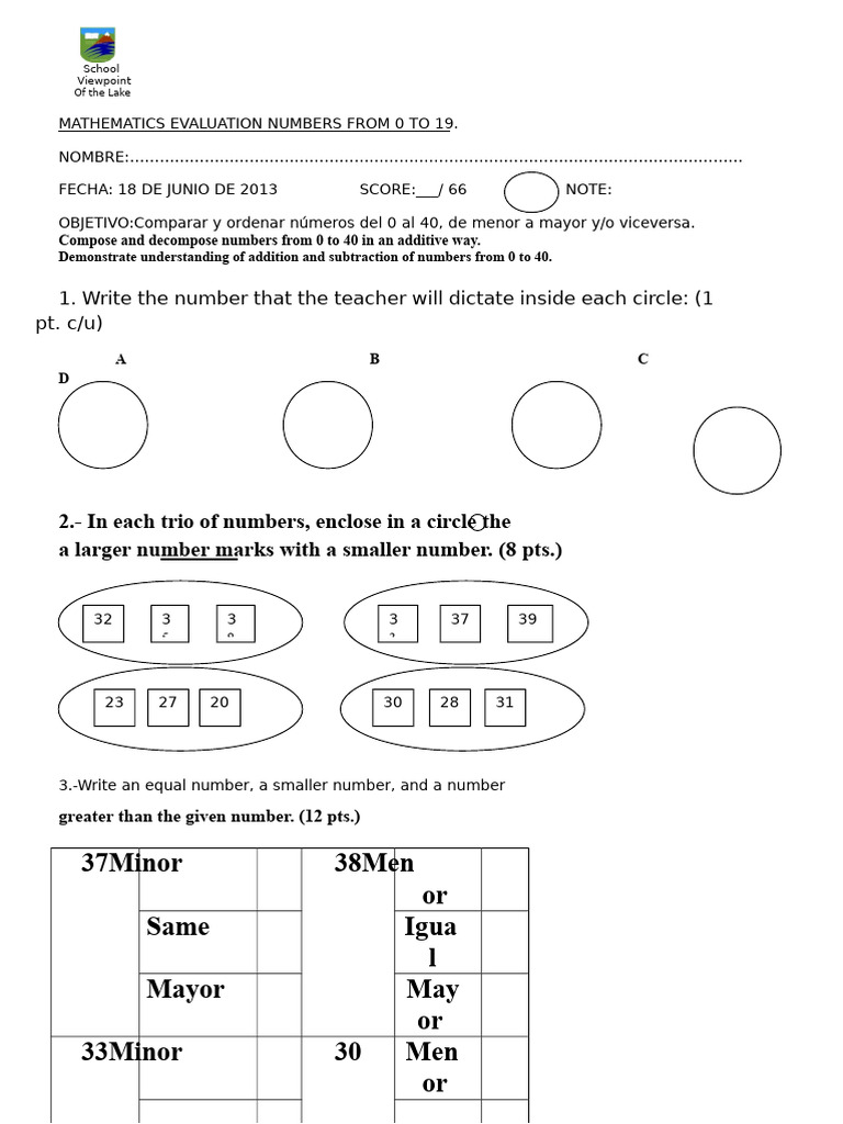 Mathematics Assessment Addition and Subtraction 0 To 40 | PDF | Numbers ...