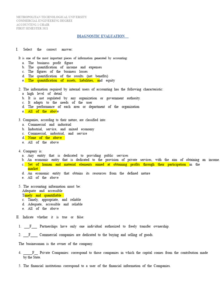 Diagnostic Test Accounting I | PDF