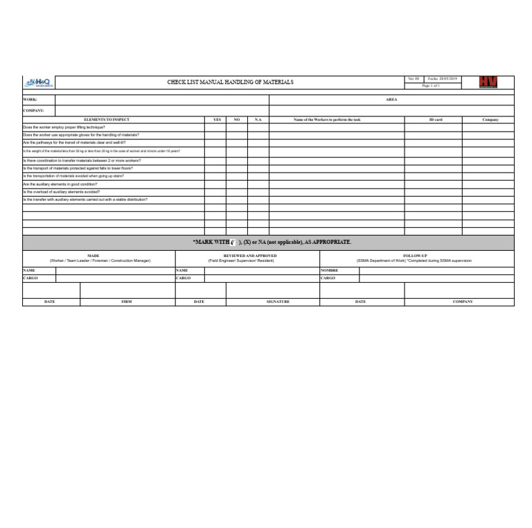 Manual Material Handling Check List Ver 00 | PDF