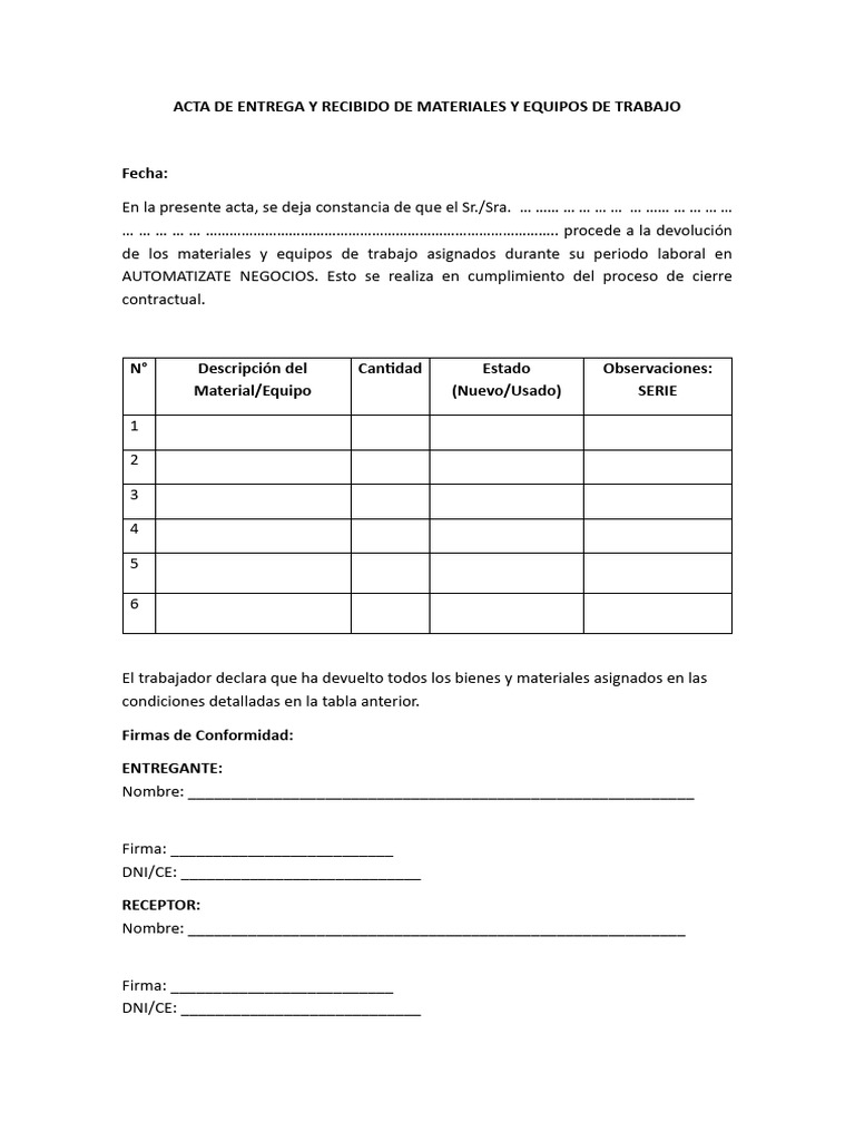 Acta de Devolución de Materiales | PDF