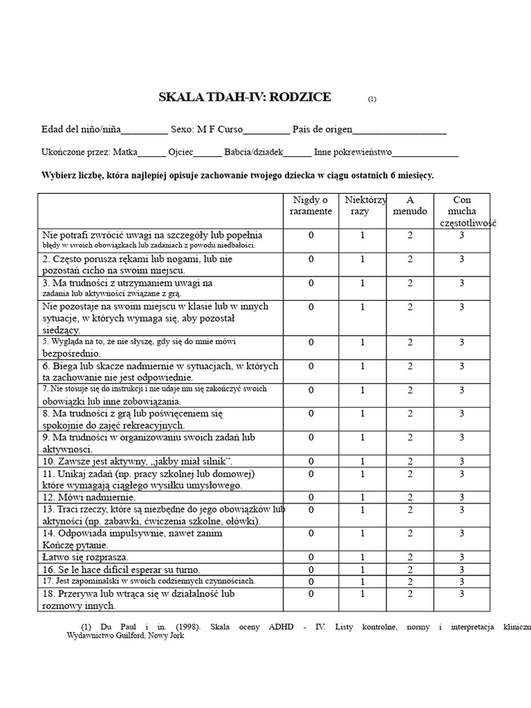 ADHD RATING SCALE Rodzice PDF | PDF