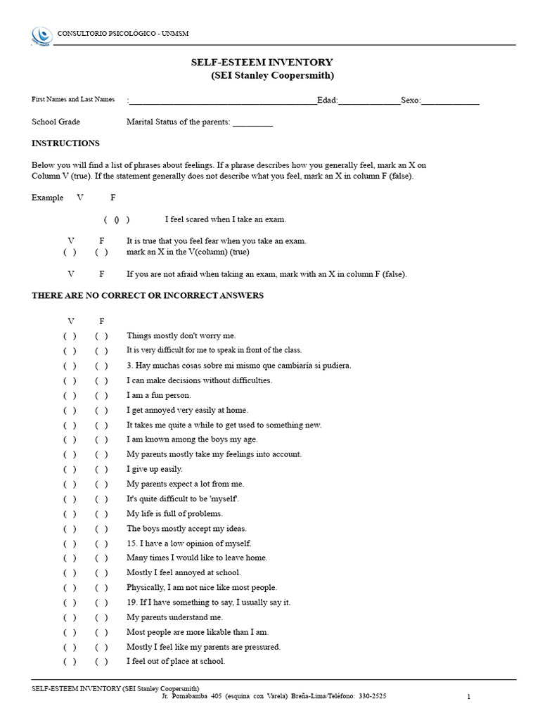 Self-Esteem Inventory for Students | PDF | Self Esteem | Psychology