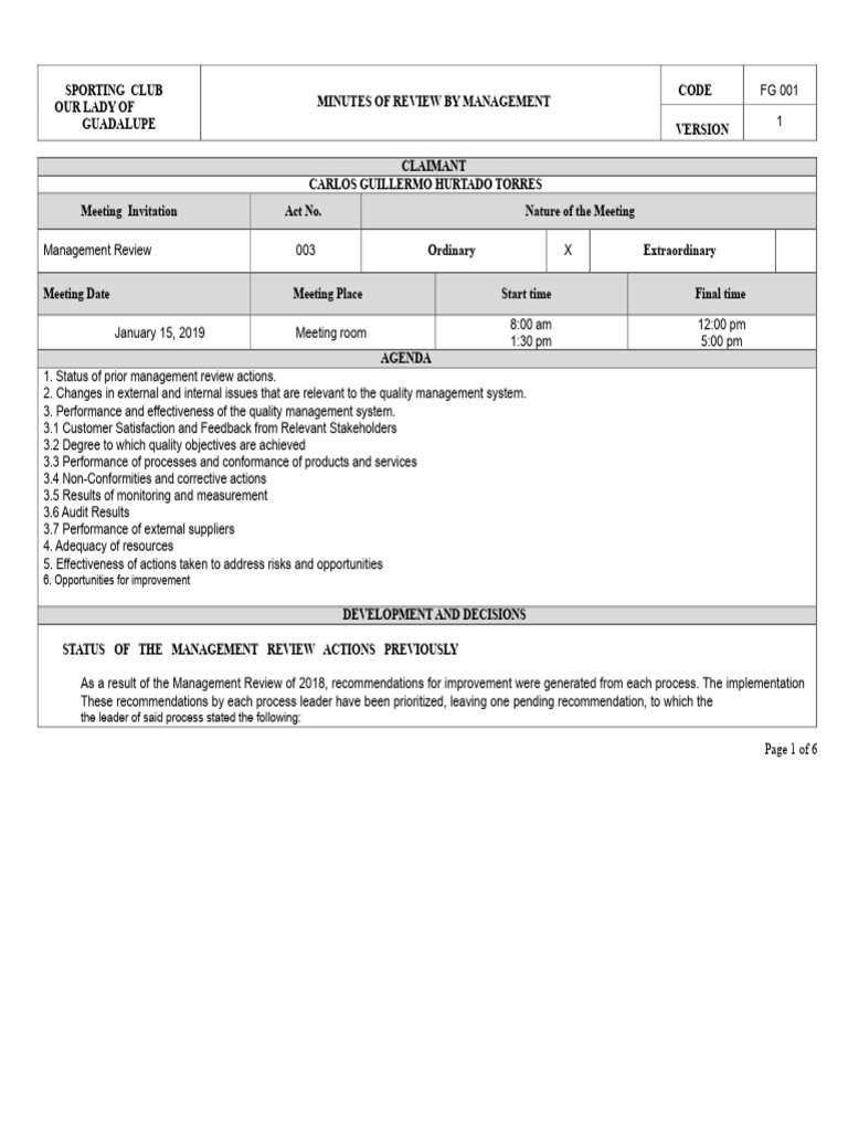 Management Review Minutes - Sports Club | PDF | Quality Management | Audit