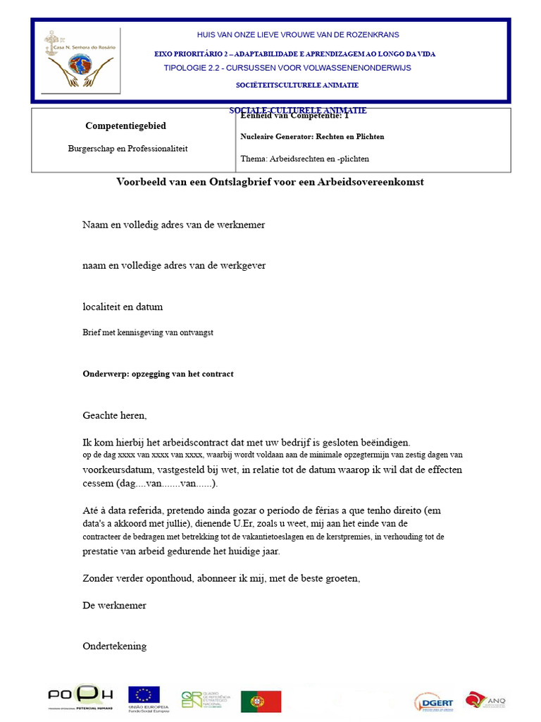 Voorbeeld Van Een Ontslagbrief Voor Een Arbeidsovereenkomst | PDF