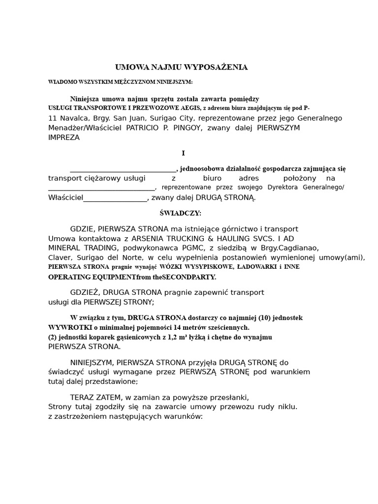 Umowa Najmu Sprzętu Aegis Subcon Romy Masalahit | PDF