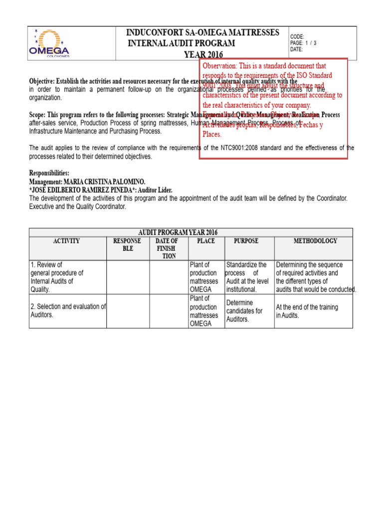 2016 Internal Audit Program for Omega Mattresses | PDF | Audit ...