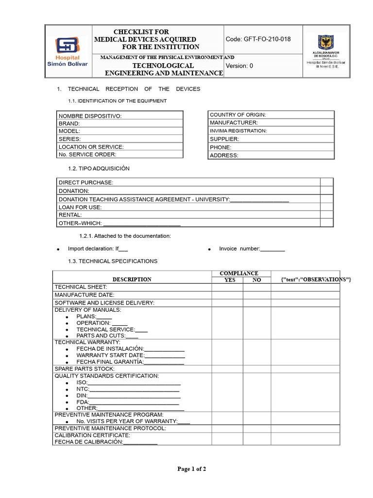 Gft Fo 210 018 Checklist For Medical Devices Acquired By The