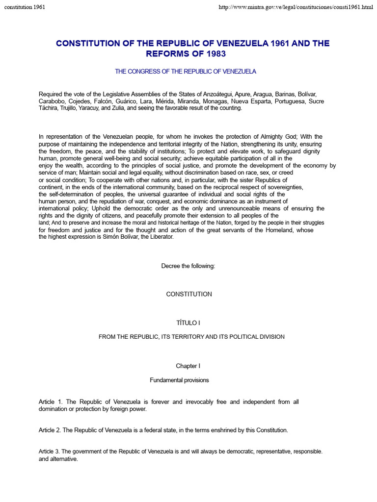 Venezuela Constitution 1961 Overview | PDF | Working Time | Salary