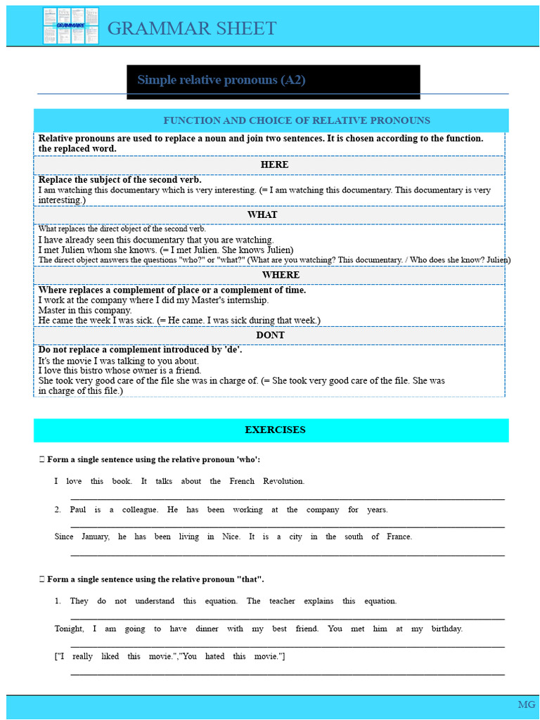 Relative Pronouns Grammar Guide | PDF | Pronoun | Verb