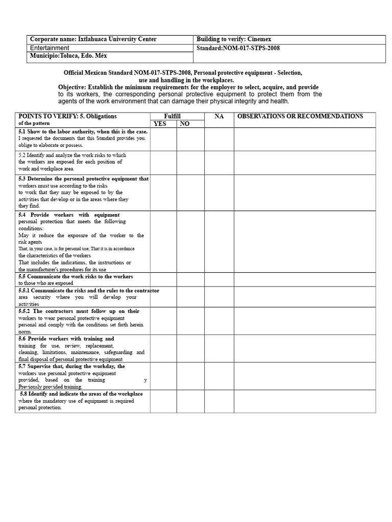Checklist Format NOM 17 | PDF | Personal Protective Equipment ...