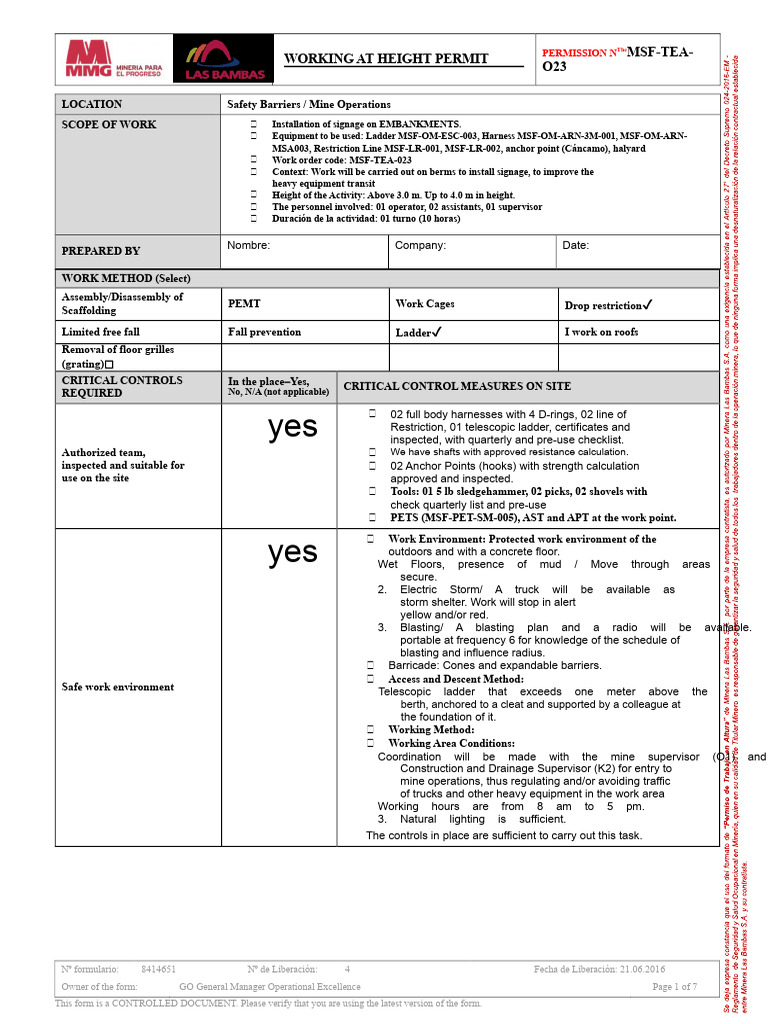 TEA - Work Permit For Height Installation Signage in Mining Operations ...
