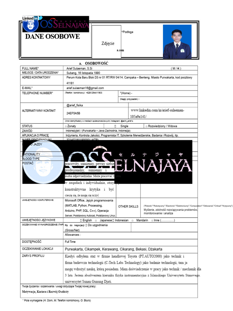 1. Formularz Danych Osobowych Selnajaya | PDF
