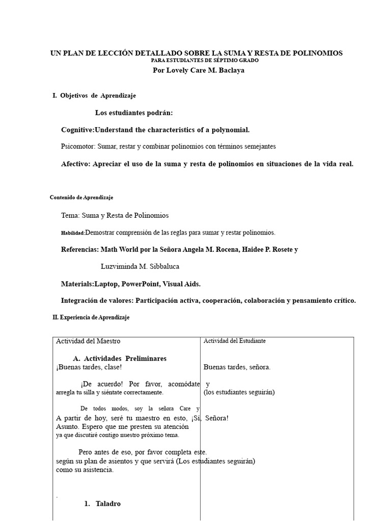 UN PLAN DE LECCIÓN DETALLADO SOBRE LA SUMA Y RESTA DE POLINOMIOS PARA ...