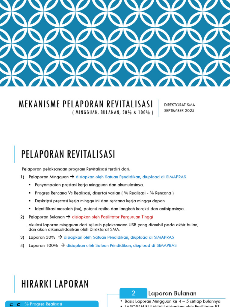 Pelaporan Revitalisasi (Lap. Mingguan - Laporan Bulanan - Lap. 50% - Lap. 100%) | PDF