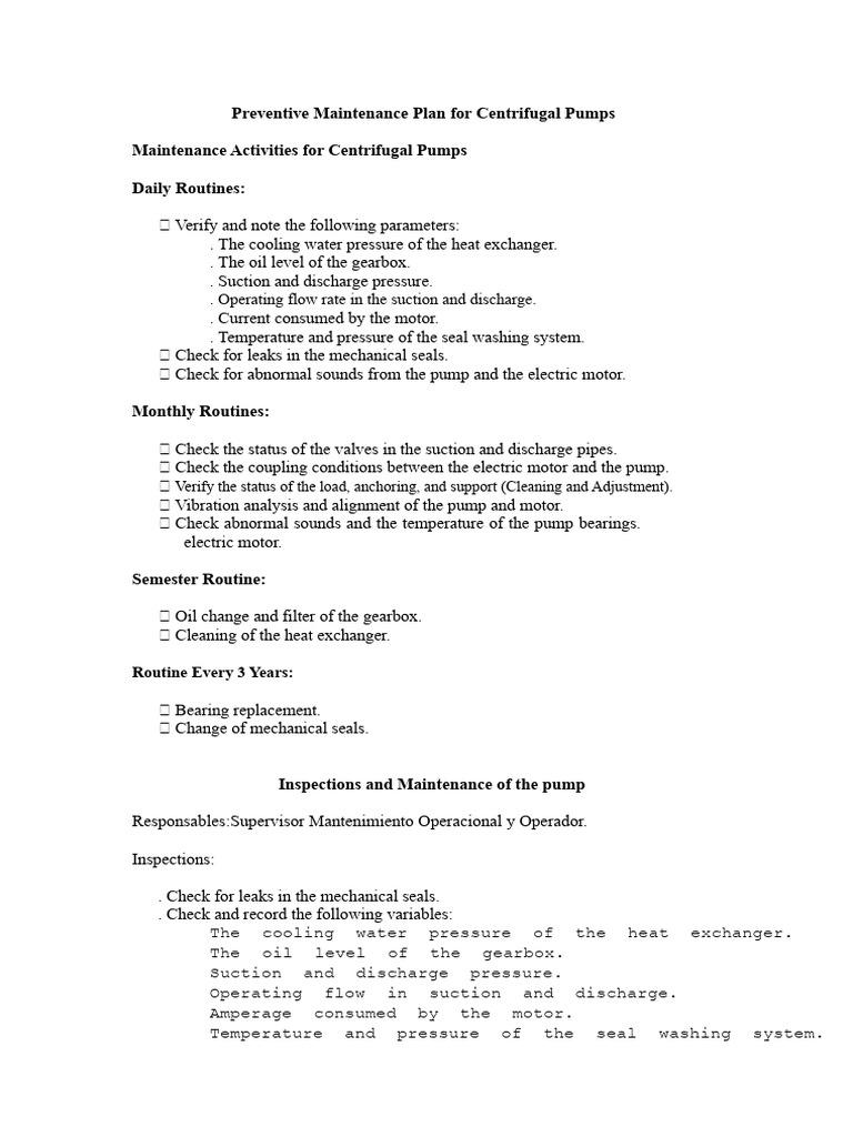 Preventive Maintenance Plan For Centrifugal Pumps | PDF | Pump | Valve