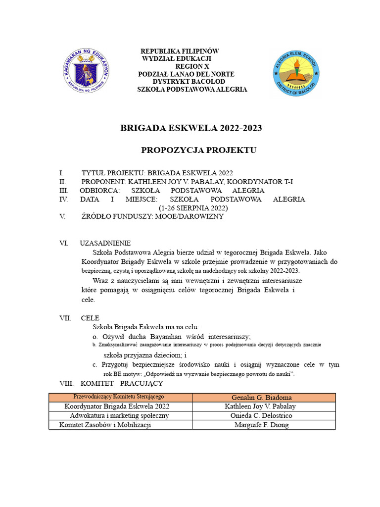 Propozycja Brigada Eskwela 2022 | PDF
