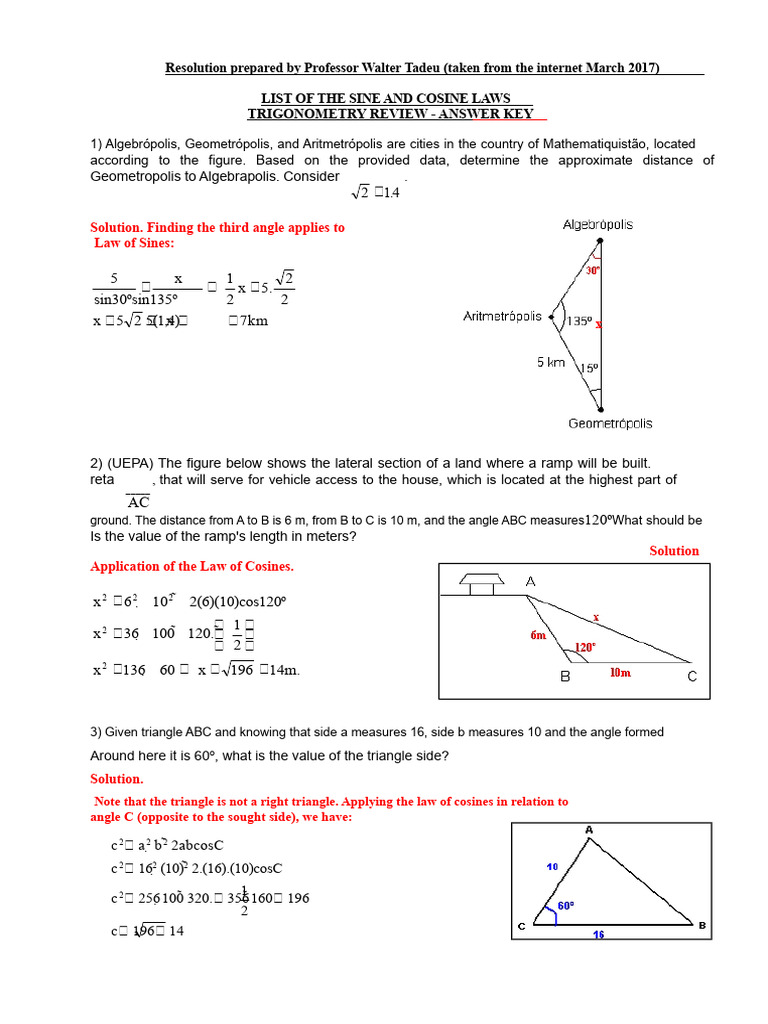 ANSWER KEY Law of Sine and Cosine 2 | PDF | Trigonometric Functions ...