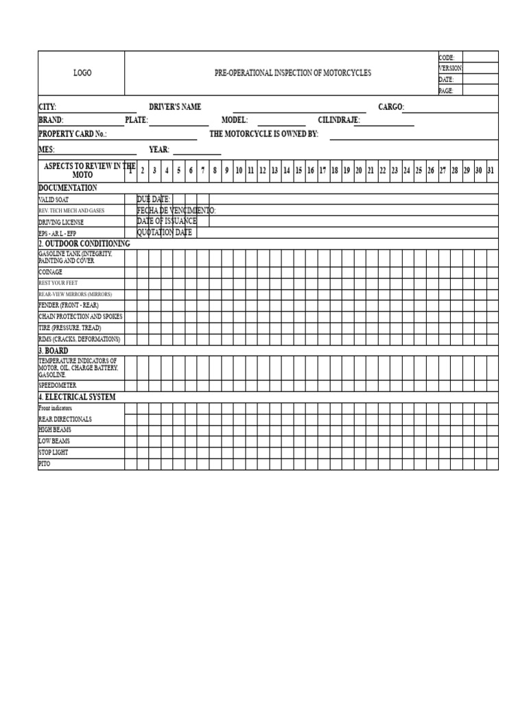 Motorcycle Checklist Format | PDF | Motorcycle | Car Body Styles