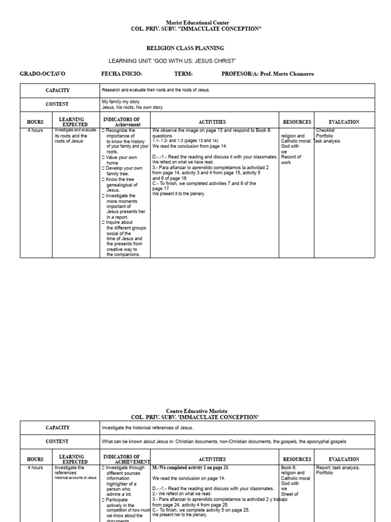 CLASS PLANNING RELIGION 8th GRADE | PDF | Jesus | Theology