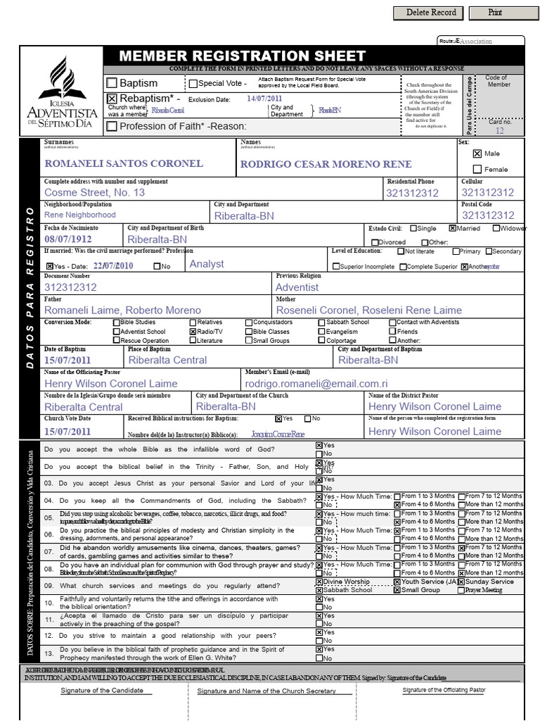 60630651 Baptism Registration Form APCE | PDF | Baptism | Seventh Day ...