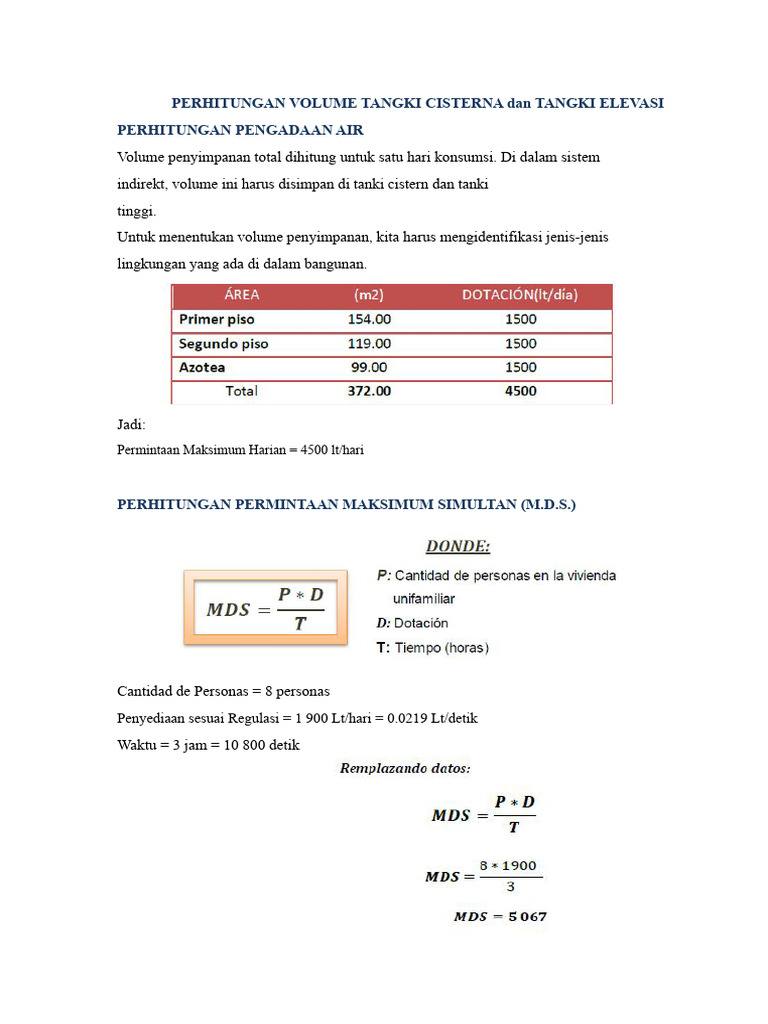 Perhitungan Volume Tangki Cistern dan Elevasi | PDF