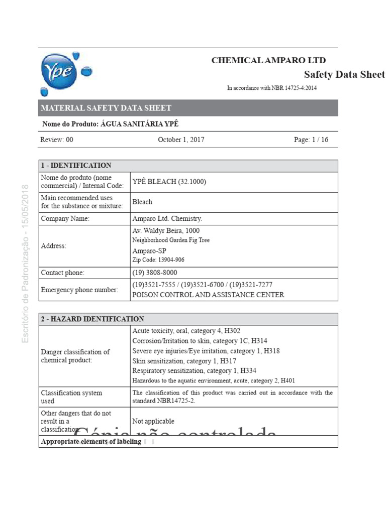 Safety Data Sheet For Ype Bleach | PDF | Toxicity | Personal Protective ...