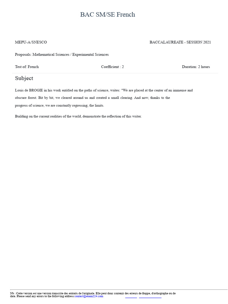 Bac SM Subject in French 2021 Guinea | PDF