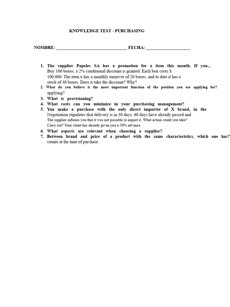 Purchasing Knowledge Test | PDF