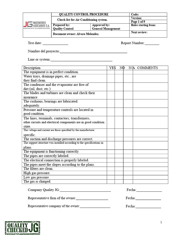 Air Conditioning Quality Control Checklist | PDF