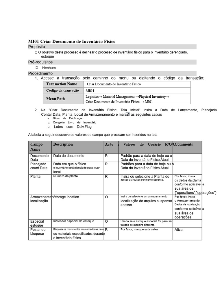 MI01 Criar Documento de Inventário Físico | PDF | Física