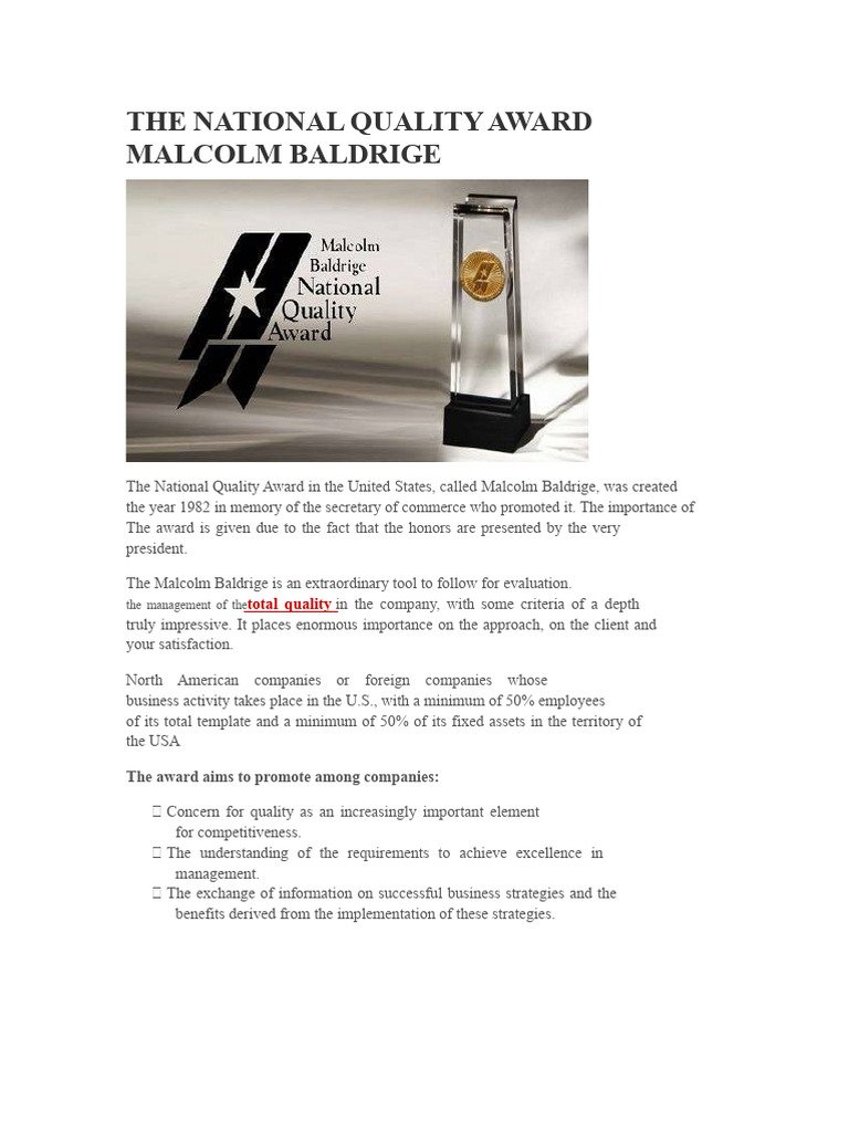 The Malcolm Baldrige National Quality Award | PDF | Leadership | Innovation