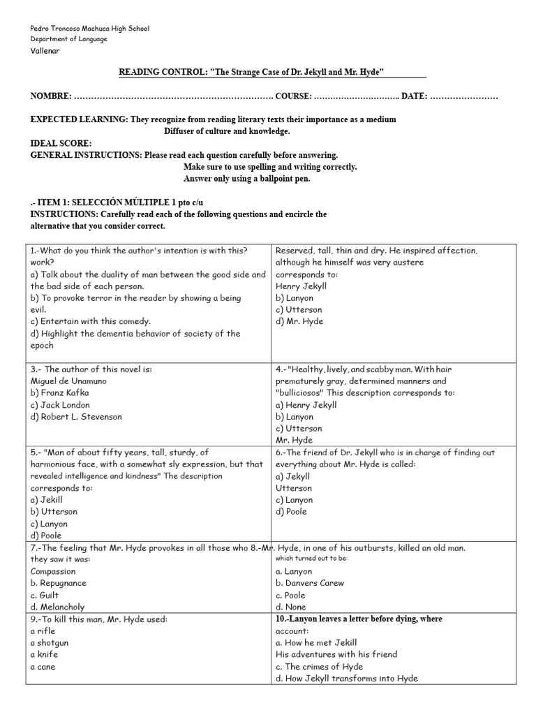 Jekyll and Hyde Reading Control Guide | PDF | Dr. Jekyll And Mr. Hyde ...