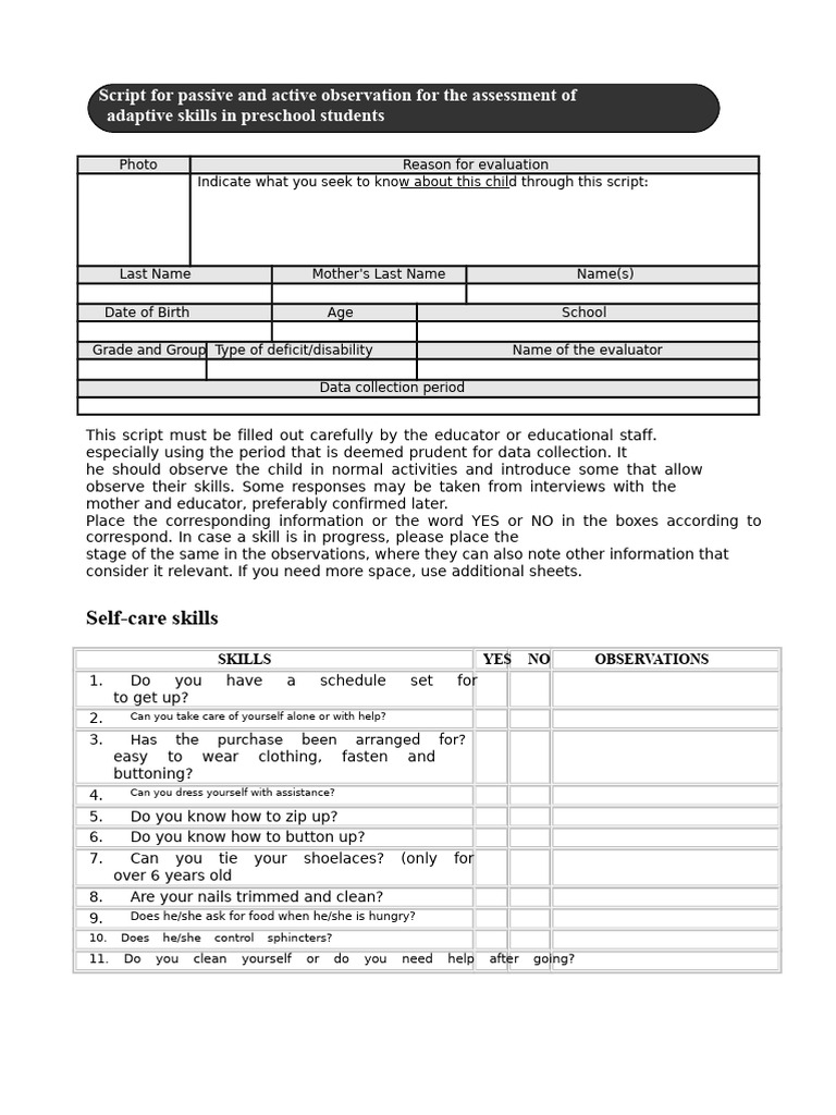 Assessment Script for Preschool Skills | PDF | Vocabulary ...