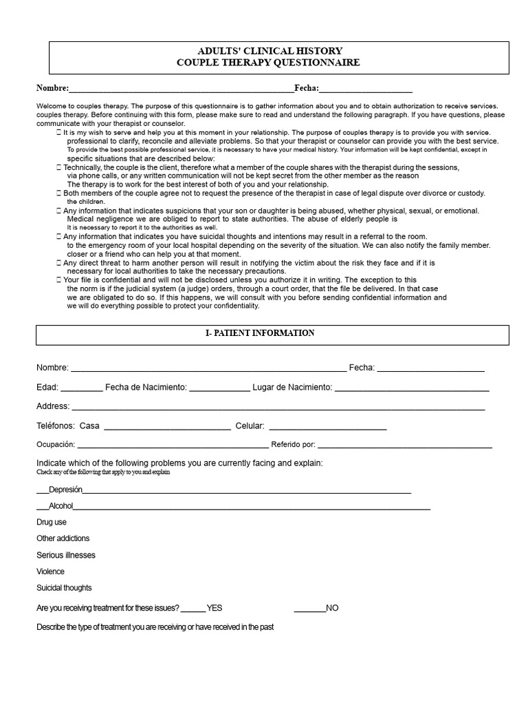 Intake - Questionnaire For Couples | PDF | Psychotherapy | Intimate ...