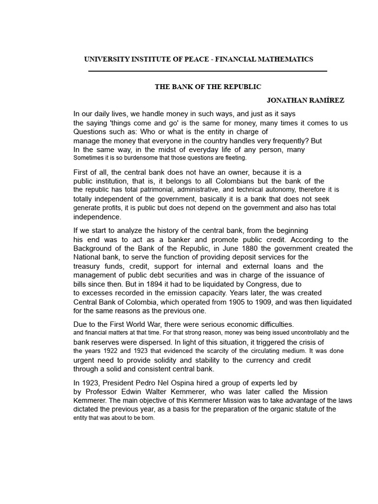 ESSAY BANK OF THE REPUBLIC - JONATHAN RAMÍREZ.docx | PDF | Central Banks | Banks
