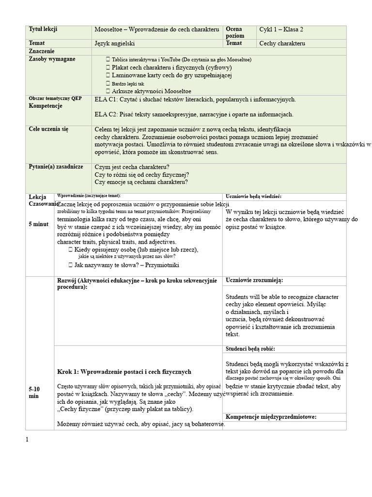 Mooseltoe - Lekcja Dotycząca Cech Charakteru | PDF