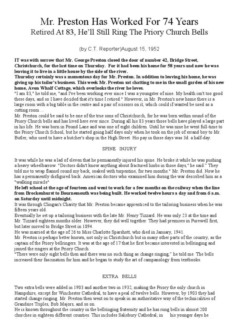 Mr. Preston Worked For 74 Years | PDF | Percussion Instruments | Music ...