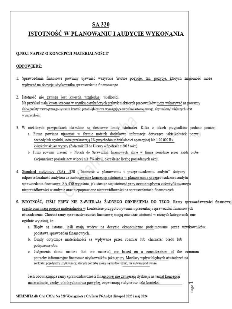 SA 320 Istotność W Planowaniu I Audycie Wykonania: Q.No.1 Napisz O ...