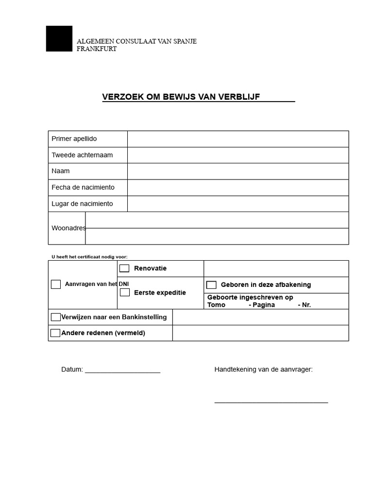 Aanvraagformulier Bewijs Van Verblijf | PDF