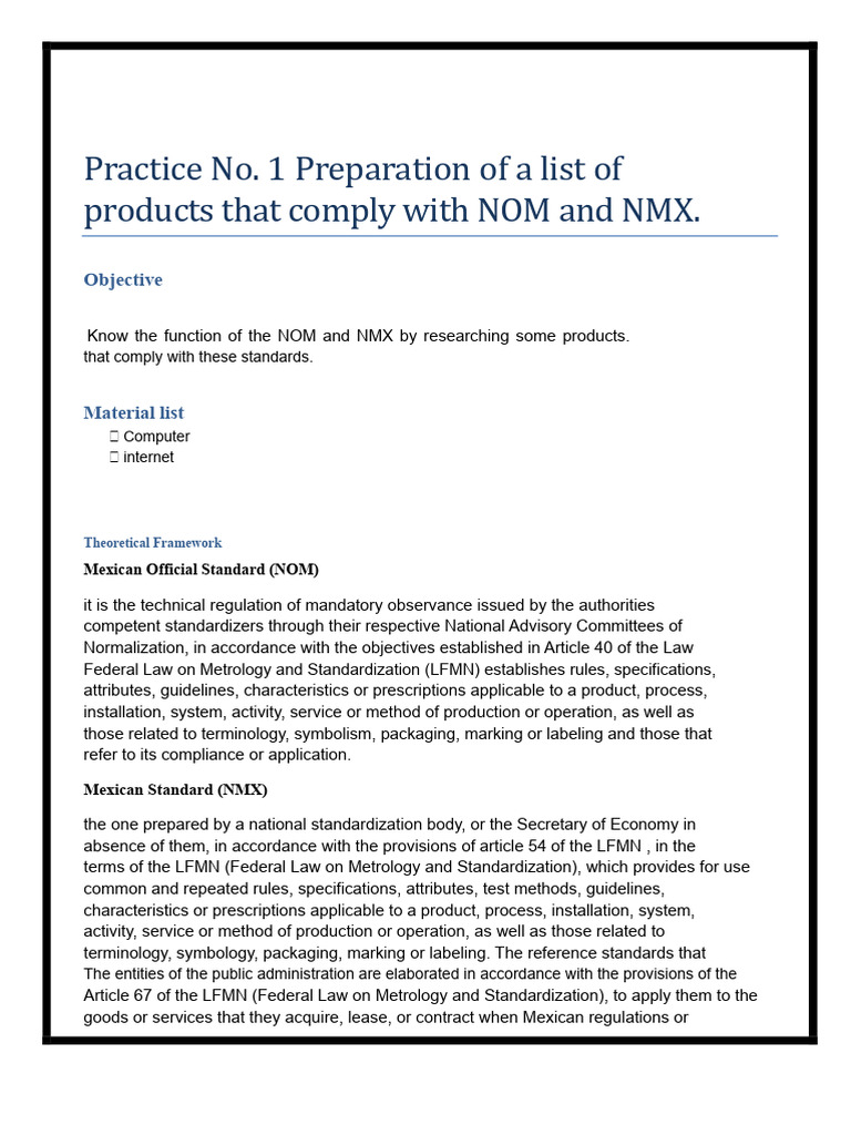 Practice No. 1 Preparation of A List of Products That Comply With NOM ...