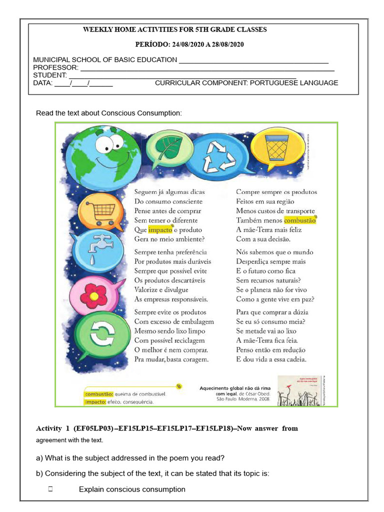 5th Grade Weekly Activities: Consumption | PDF | Consumerism | Waste