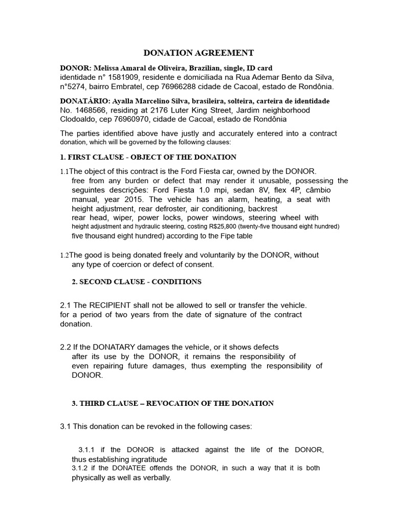 DONATION AGREEMENT | PDF | Vehicle Technology | Car