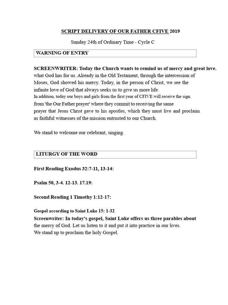 Script For Mass Delivery of The Our Father CFIVE | PDF