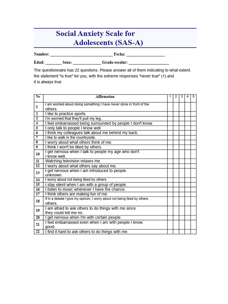 Social Anxiety Scale for Adolescents | PDF