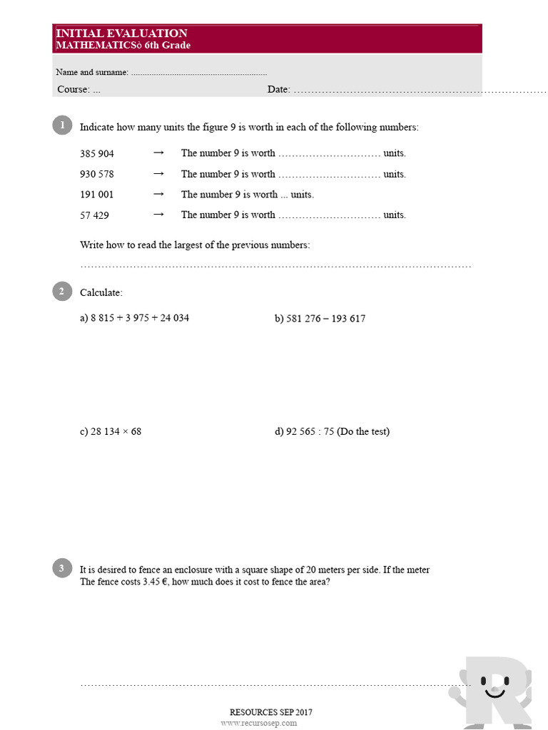 Initial Assessment 6th Grade Anaya | PDF | Numbers | Mathematics