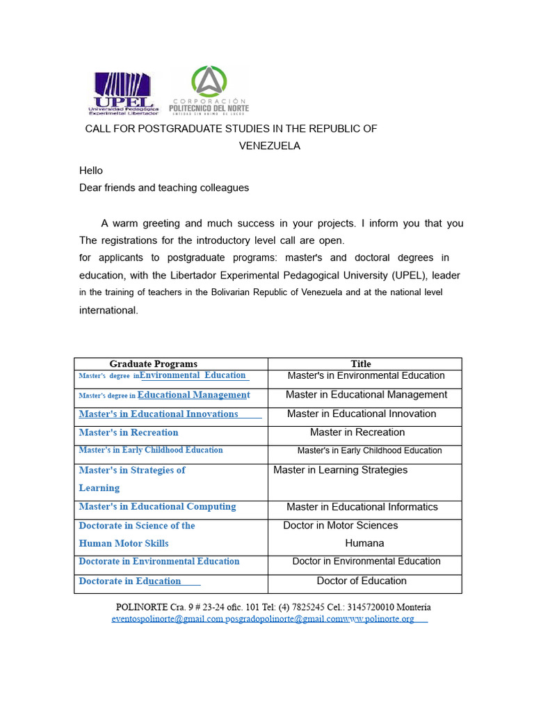 Call For Master's and Doctorate Programs Upel Updated 2020 | PDF ...