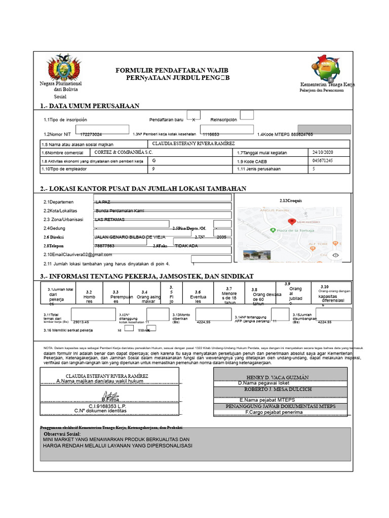 Formulir Pendaftaran Perusahaan Bolivia | PDF
