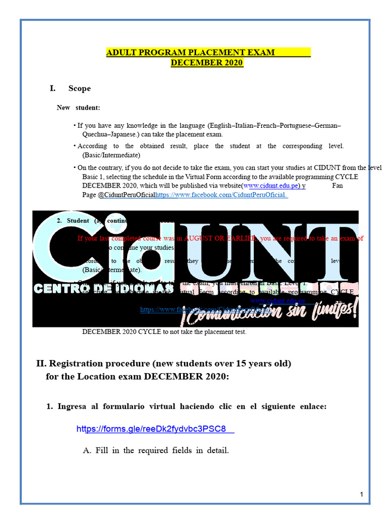 Placement Exam Procedure For Adults December 2020 | PDF