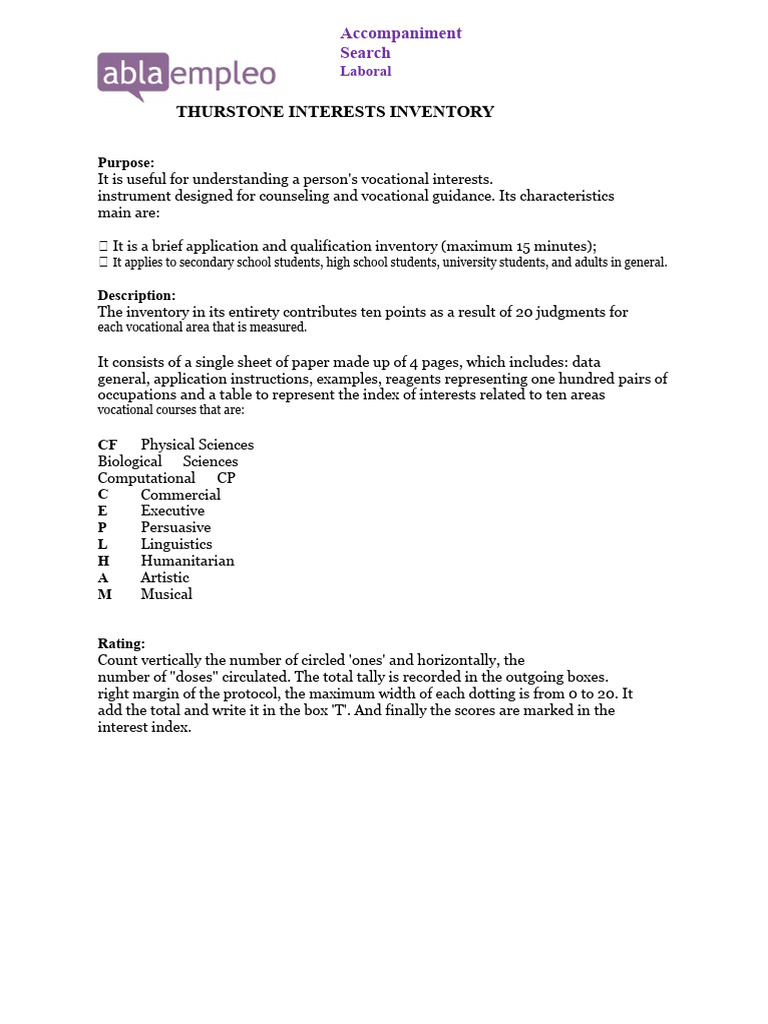Thurstone Interests Inventory Overview | PDF